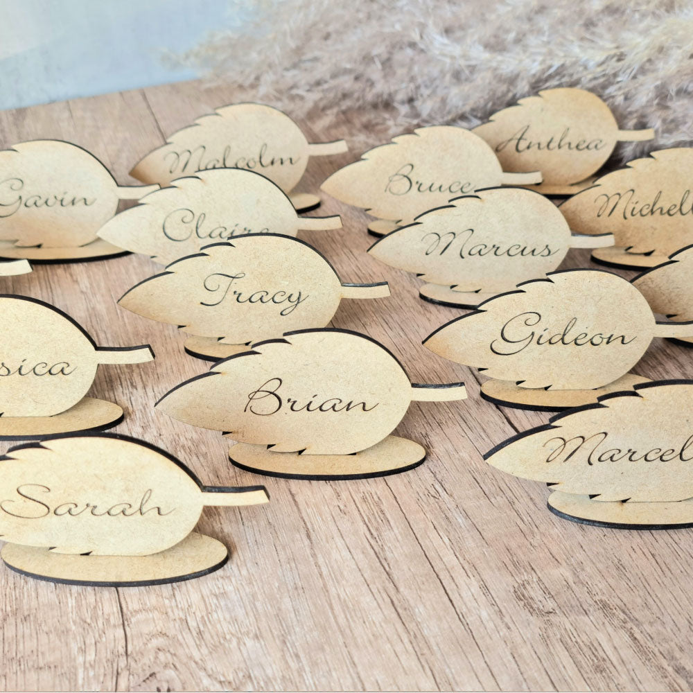 Personalised Leaf Shaped Wooden Name Place Holders with Stand – Simply ...