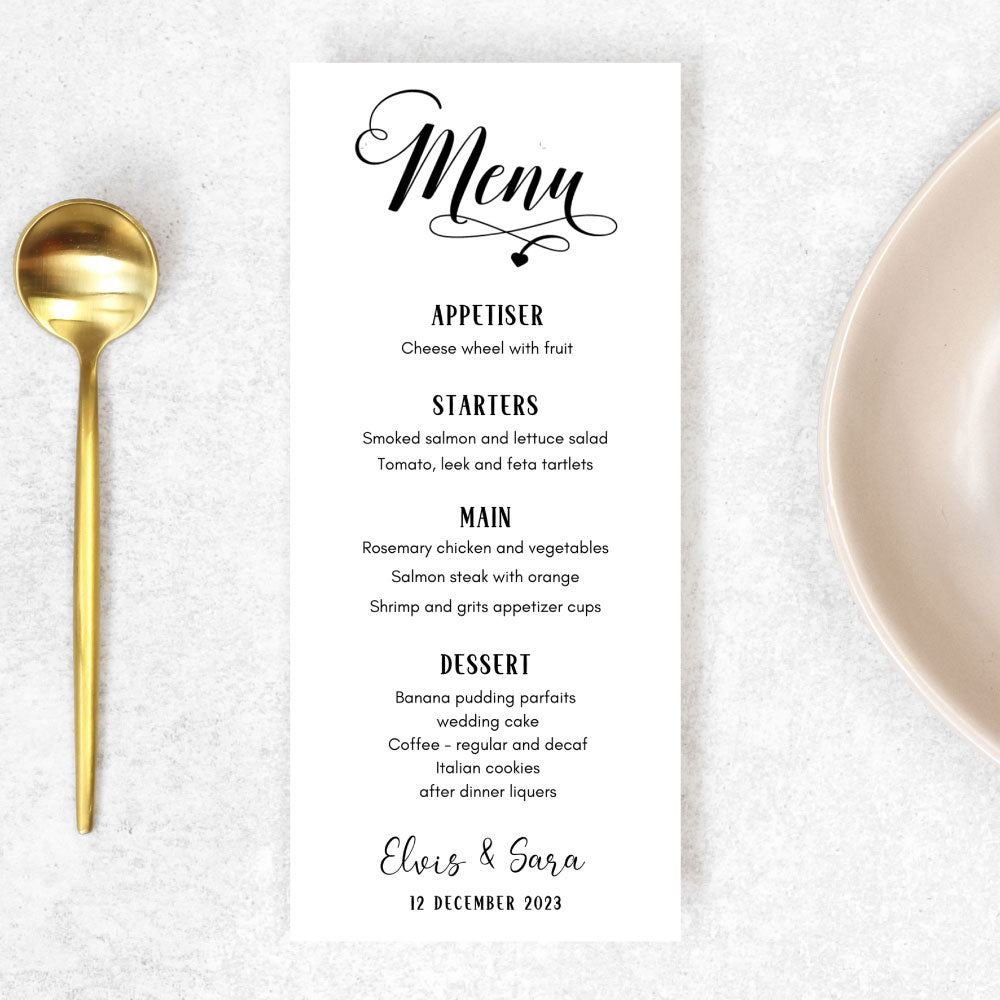 Simple Minimalist Menu – Simply Wedding Favours
