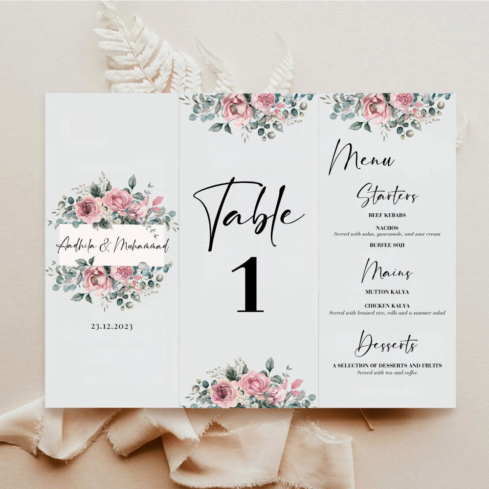 Tri-Fold Menu (Three sided) Blush Pink – Simply Wedding Favours