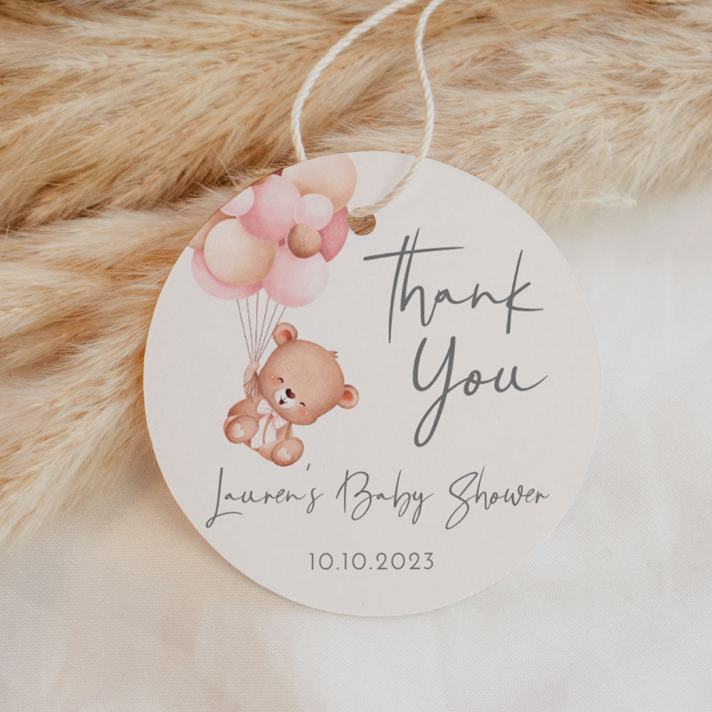 Thank You Tags/Stickers - Baby Bear with Pink Balloons - Square or Rou ...
