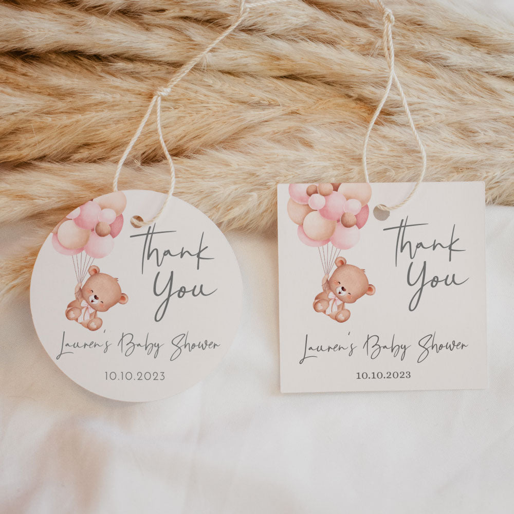Thank You Tags/Stickers - Baby Bear with Pink Balloons - Square or Rou ...